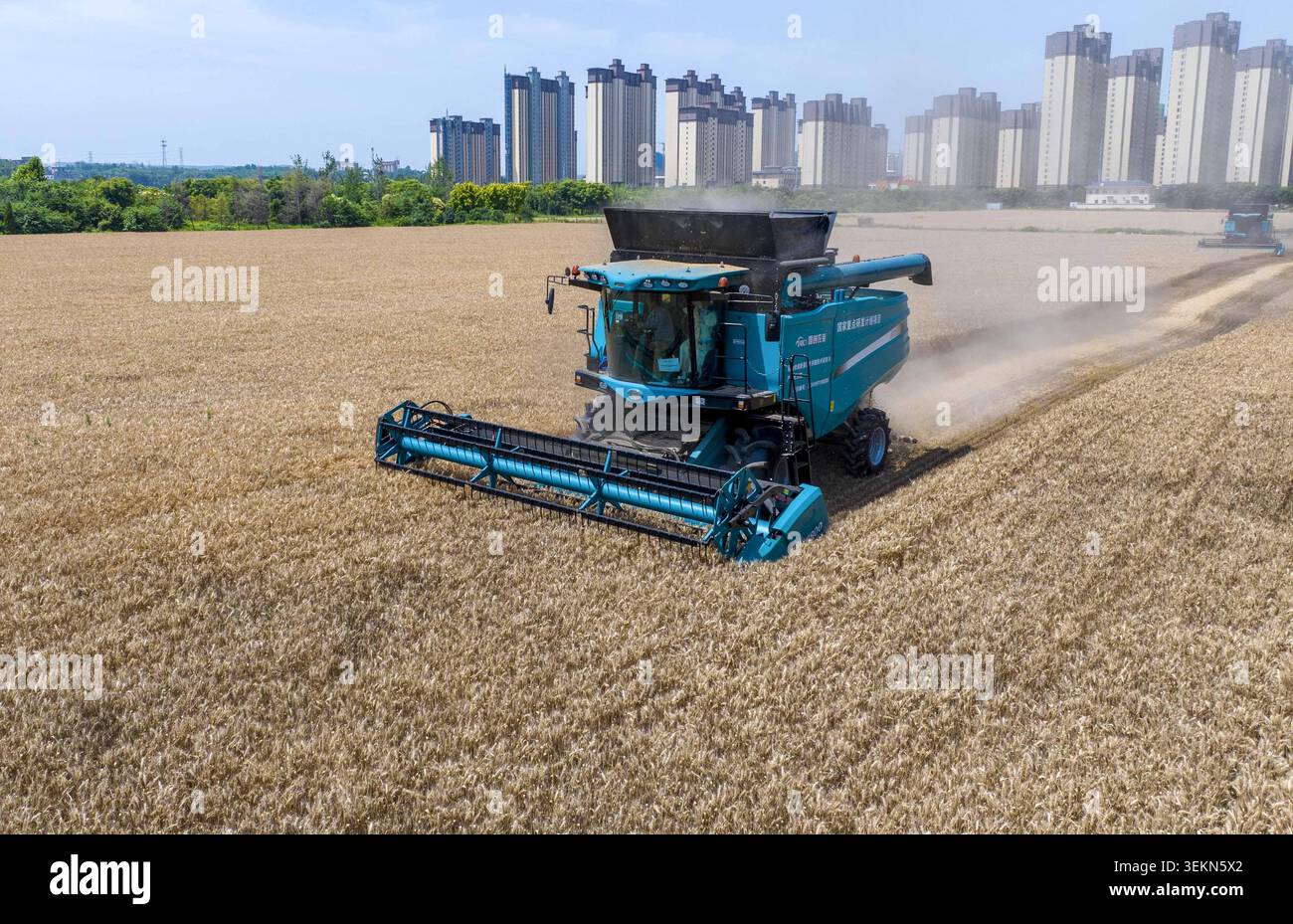 A harvester works in a wheat field in Zhuge Town, Yibin District ...
