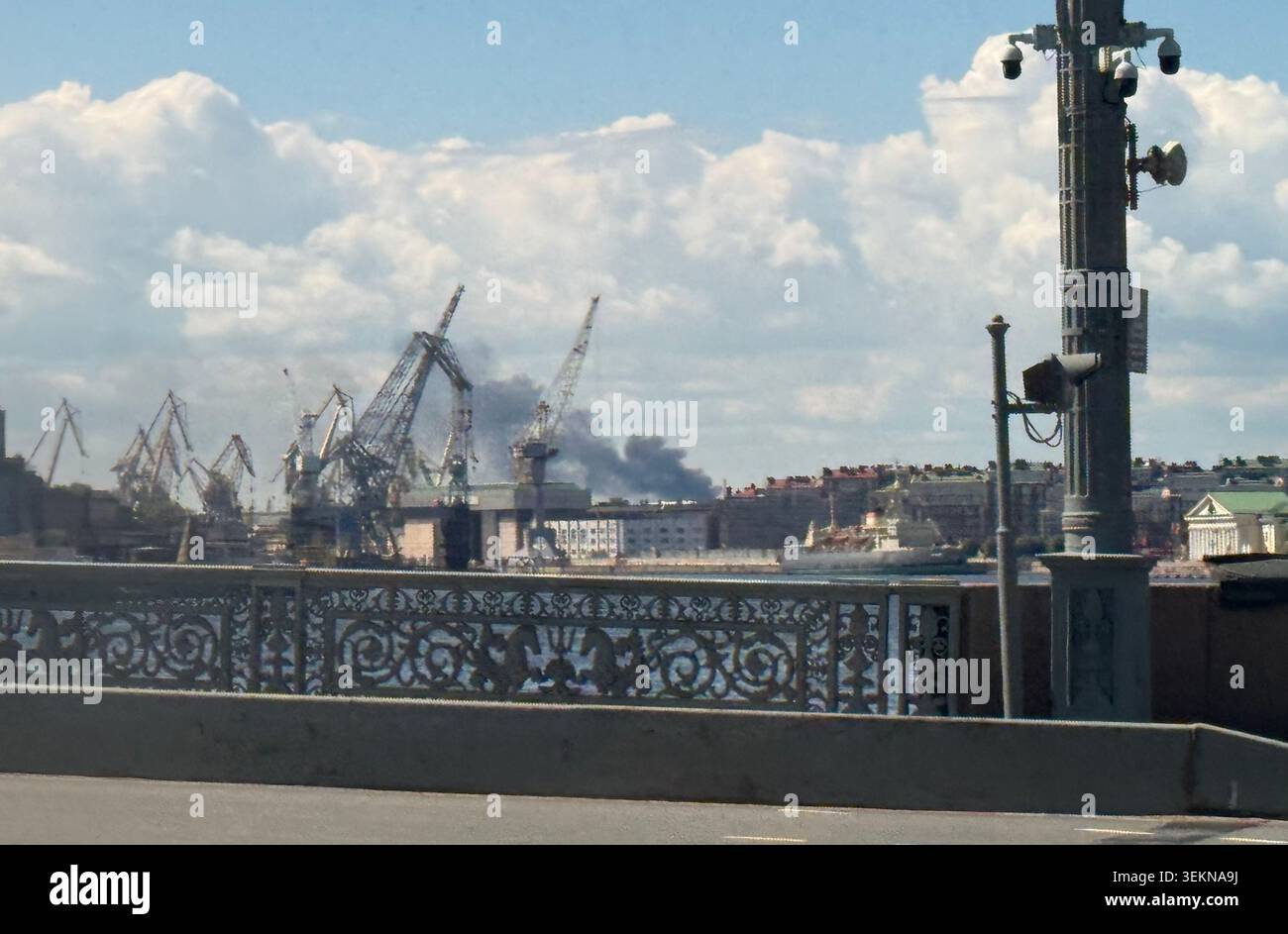 03 June 2026, Russia, St. Petersburg: Smoke rises in the harbor of St ...