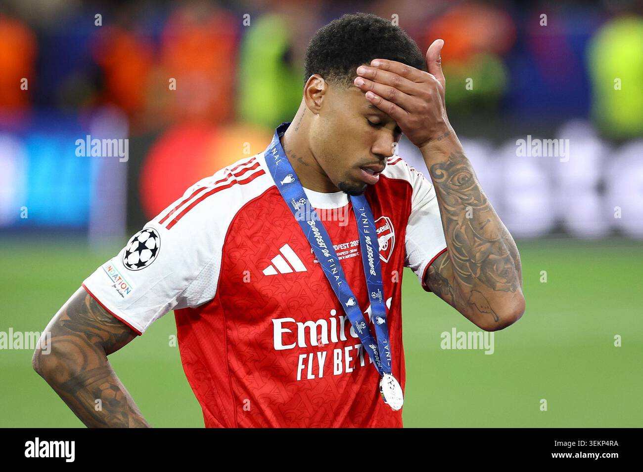 Gabriel Magalhaes of Arsenal rues his missed penalty after the Paris ...