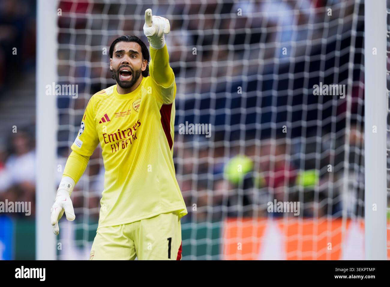 David Raya of Arsenal FC gestures during the UEFA Champions League 2025 ...