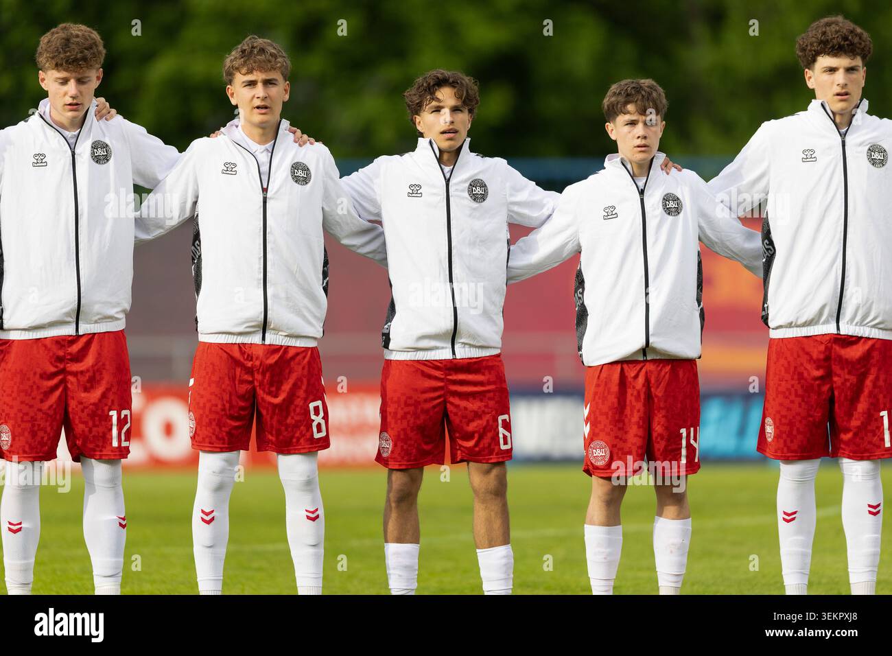 TALLIN, ESTONIA - MAY 29: Players of Denmark during the anthem before ...