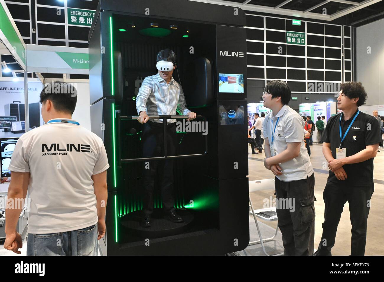 A man playing M-Line's Extended Reality game at the OSH INNO EXPO 2026 ...