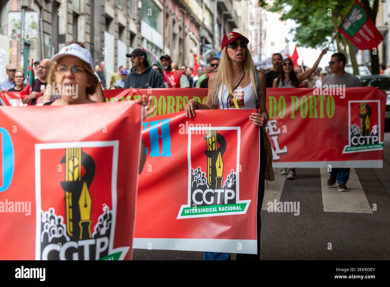 Porto, Portugal, 3 June 2026. Demonstrators march with CGTP banners ...