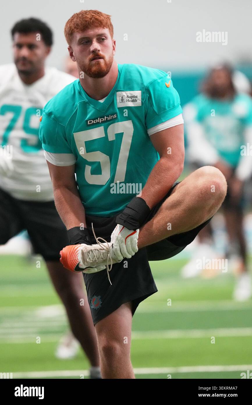 Miami Dolphins edge Max Llewellyn (57) stretches during an NFL football ...