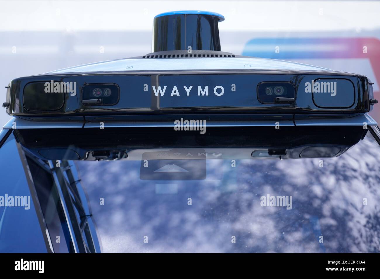 A Waymo vehicle is displayed at a Google I/O event in Mountain View ...