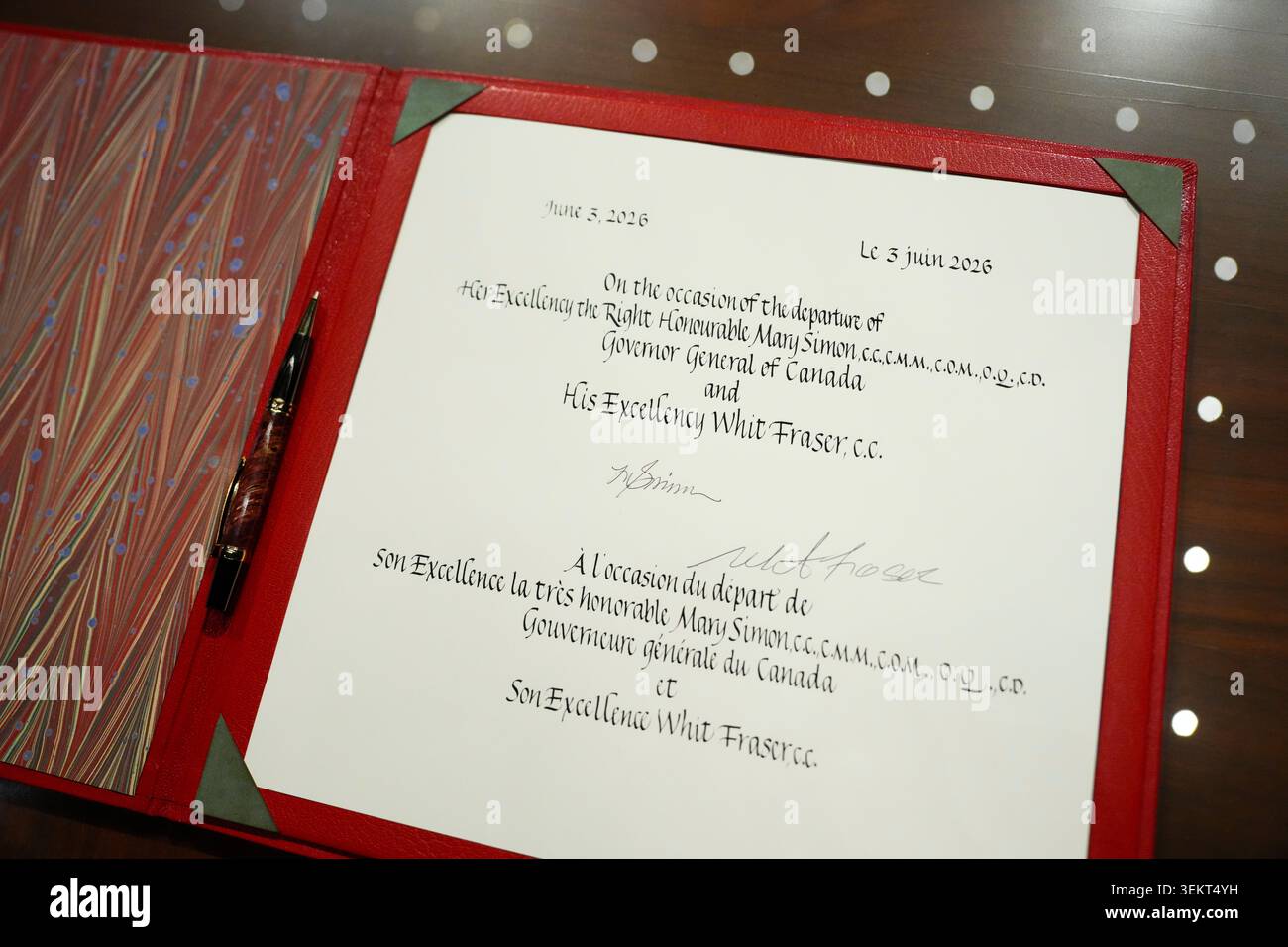 The signatures of Governor General Mary Simon and husband Whit Fraser ...