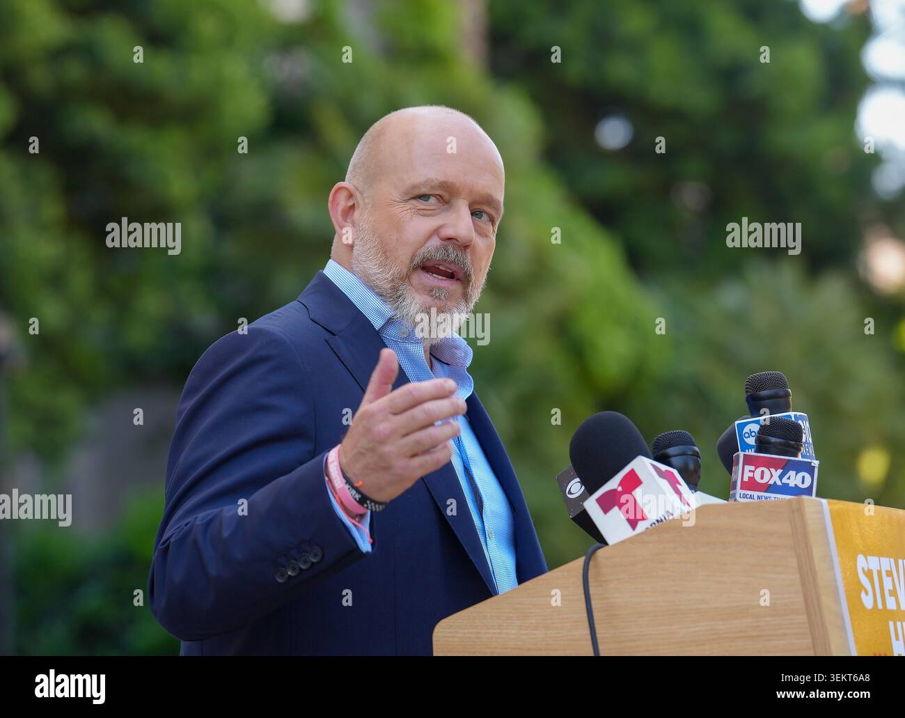 Republican gubernatorial candidate Steve Hilton speaks to reporters ...