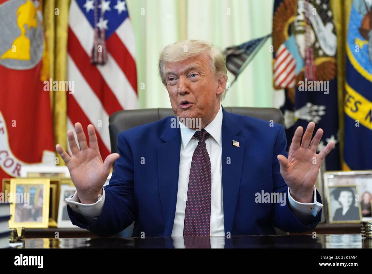 President Donald Trump speaks in the Oval Office of the White House ...