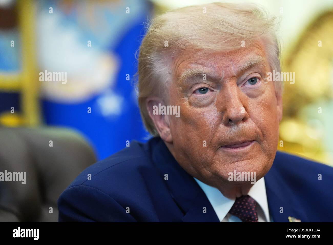 President Donald Trump speaks in the Oval Office of the White House ...