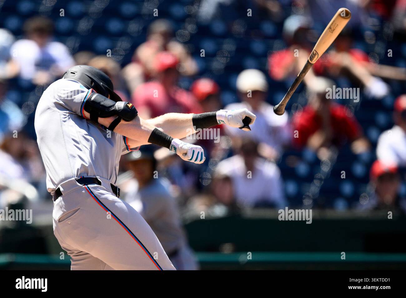 Miami Marlins' Owen Caissie loses his bat on swing in the sixth inning ...