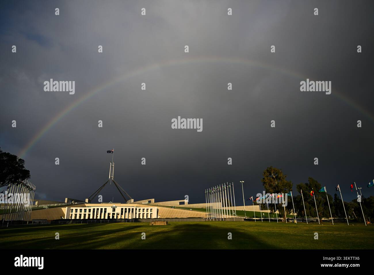 Canberra, Australia. 04th June, 2026. A rainbow is seen over Parliament ...