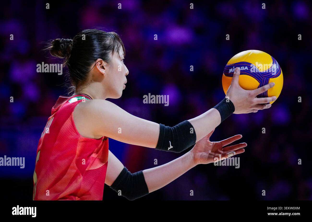 Team Japan Nanami Seki of Japan serves against Team France during their ...