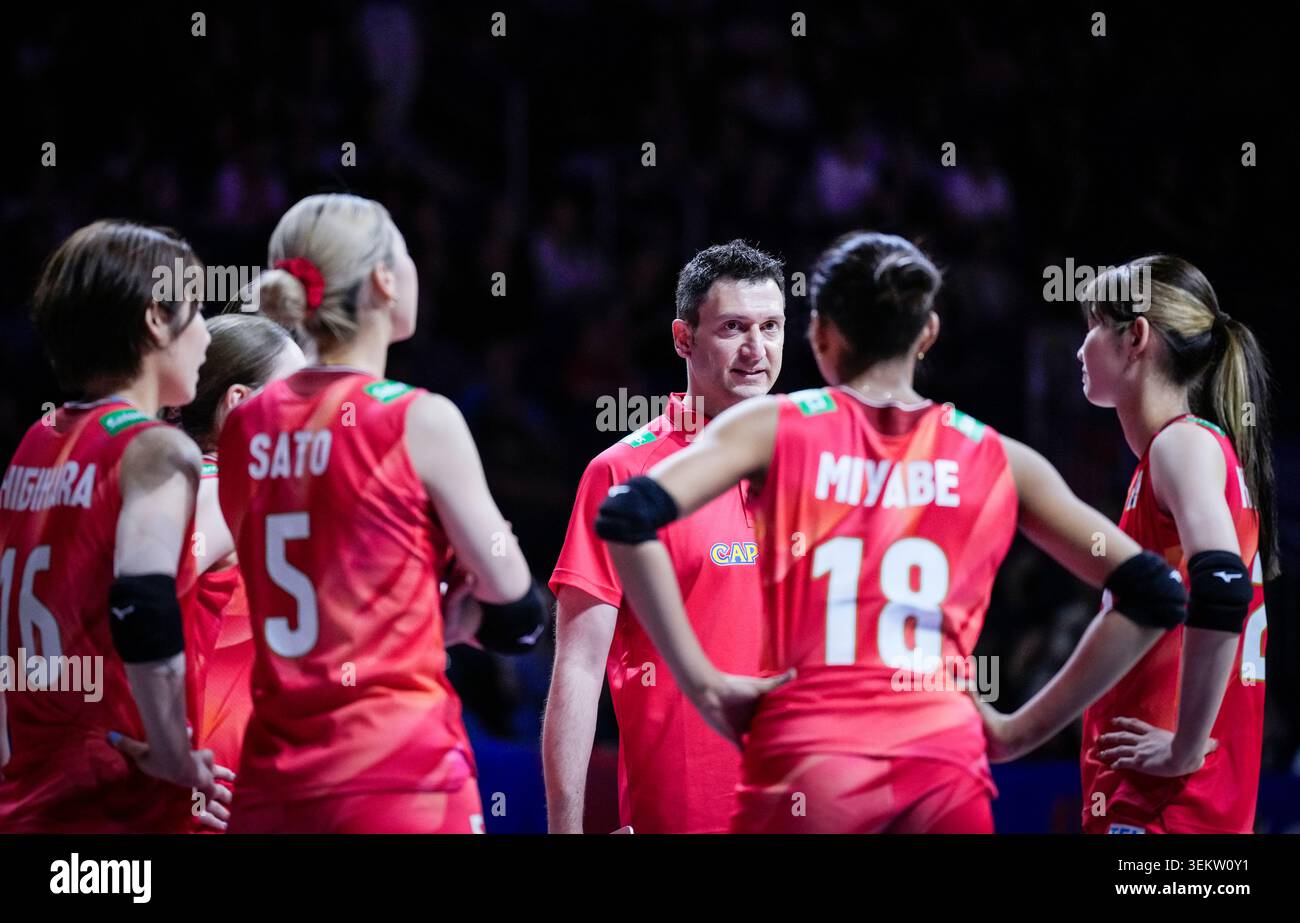 Team Japan coach Ferhat Akbas speaks to his team during their womens ...