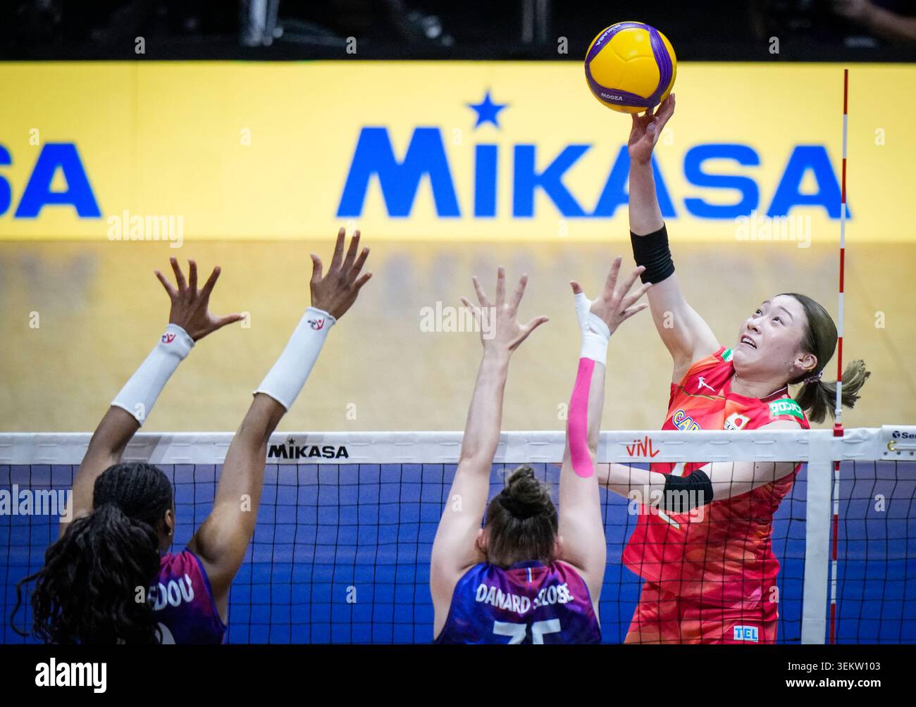 Team Japan Ayaka Araki returns a shot against Team France during their ...