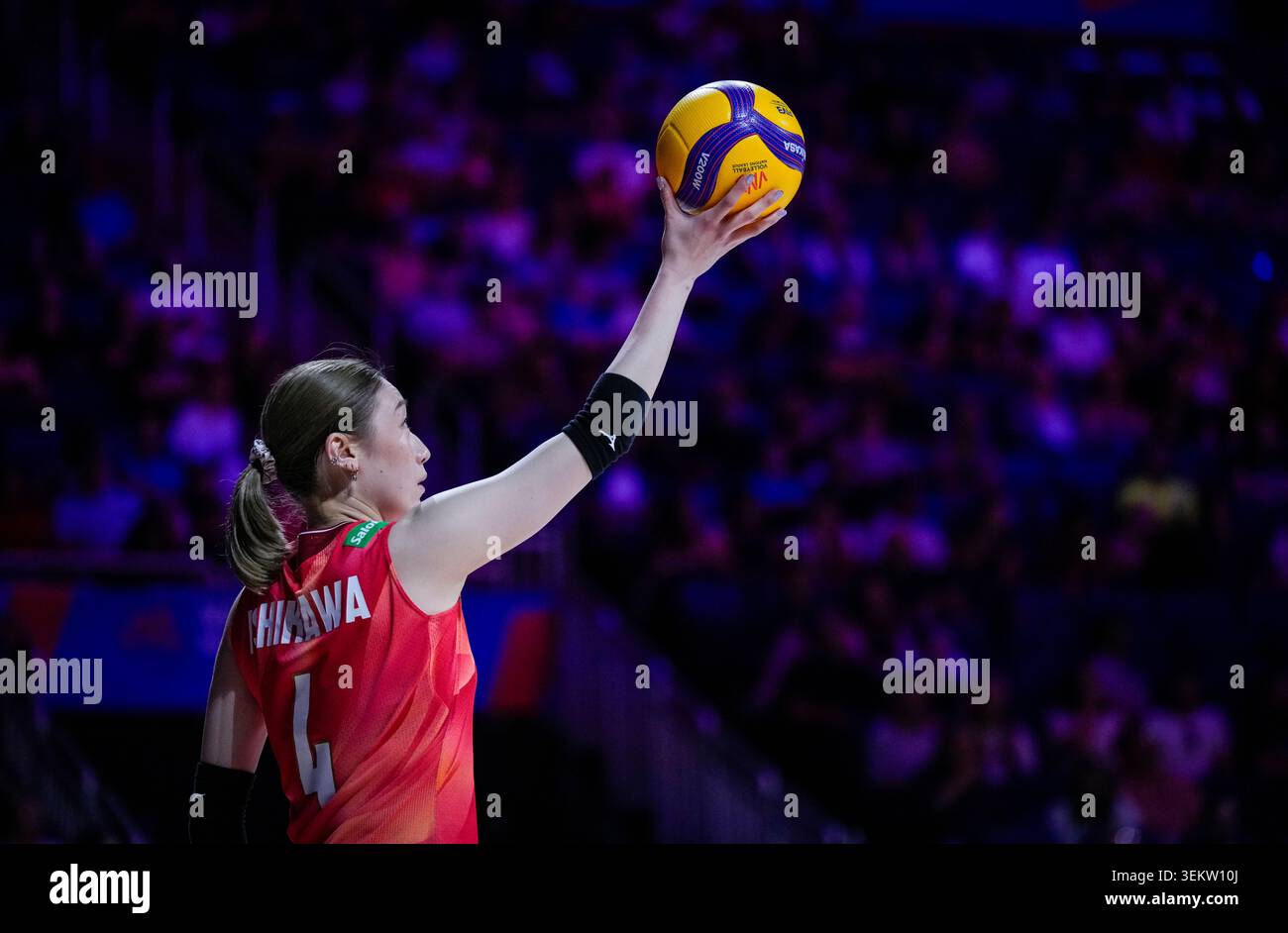 Team Japan Mayu Ishikawa serves against Team France during their womens ...