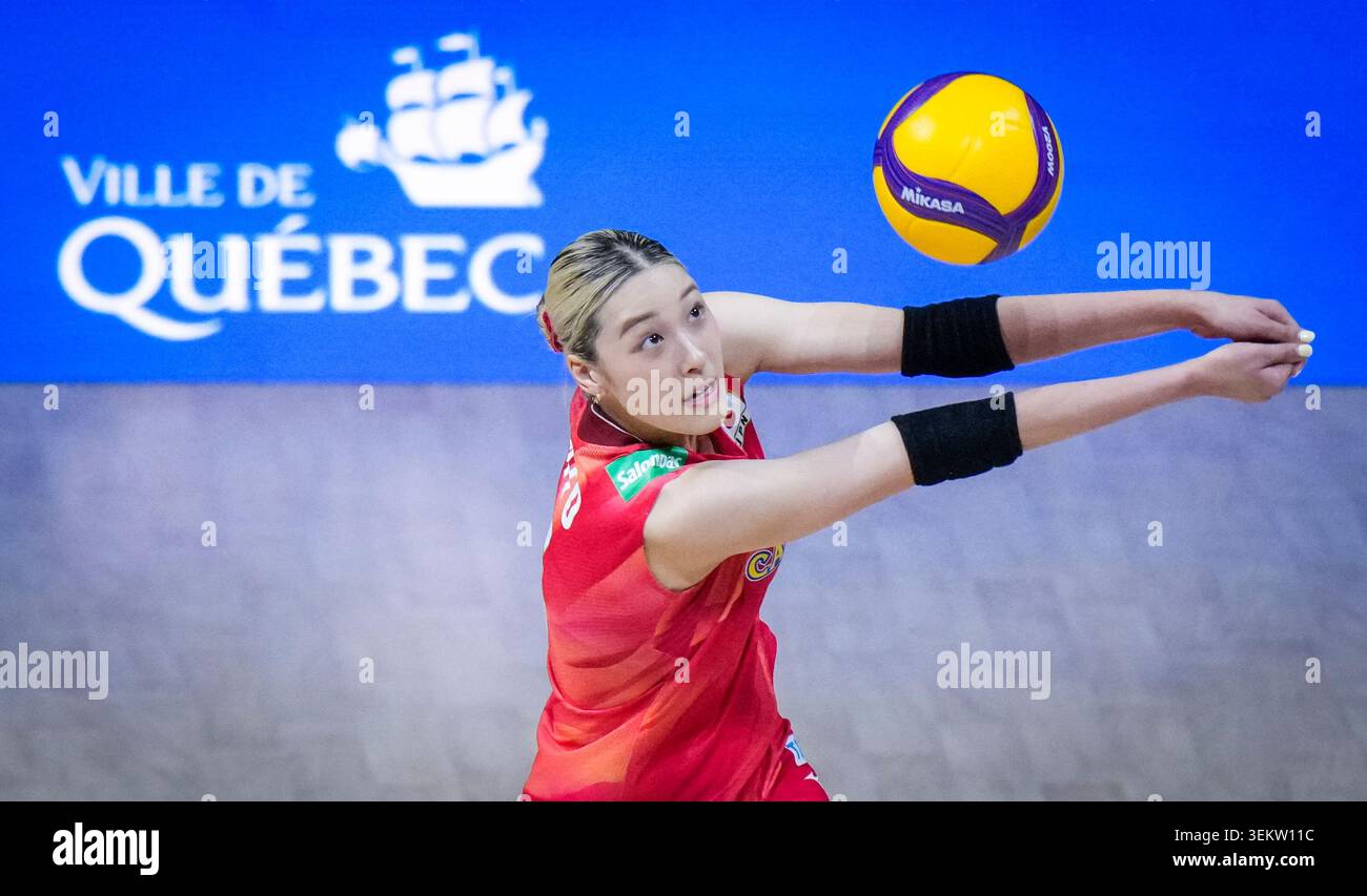 Team Japan Yoshino Sato returns a shot against Team France during their ...