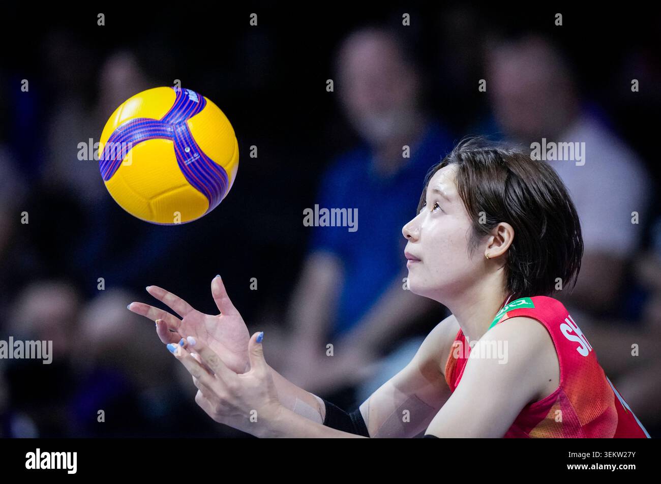 Team Japan Hinata Shigihara serves against Team France during their ...