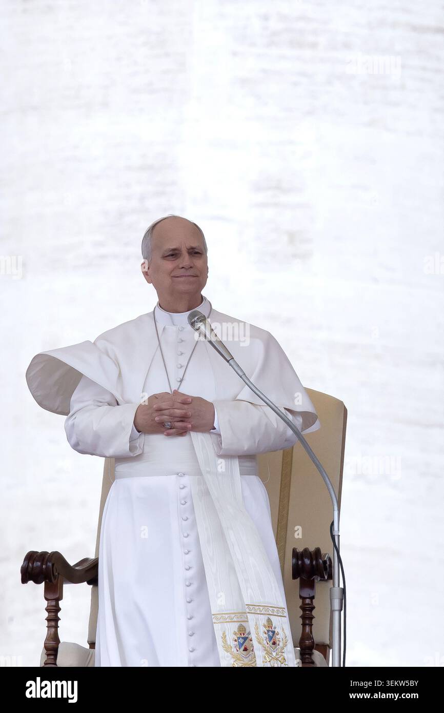 Pope Leo XIV seen leading his weekly general audience in St. Peter's ...