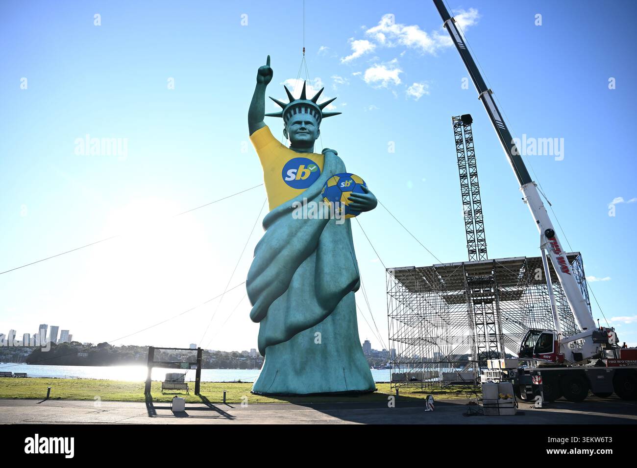 An inflatable statue of former Scocceroo John Aloisi is seen during a ...