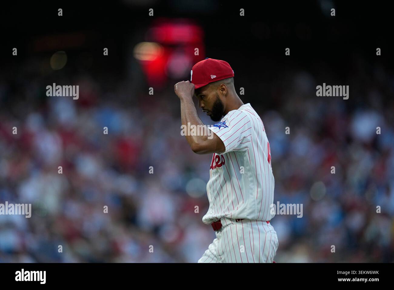 Philadelphia Phillies' Cristopher Sánchez reacts during a baseball game ...