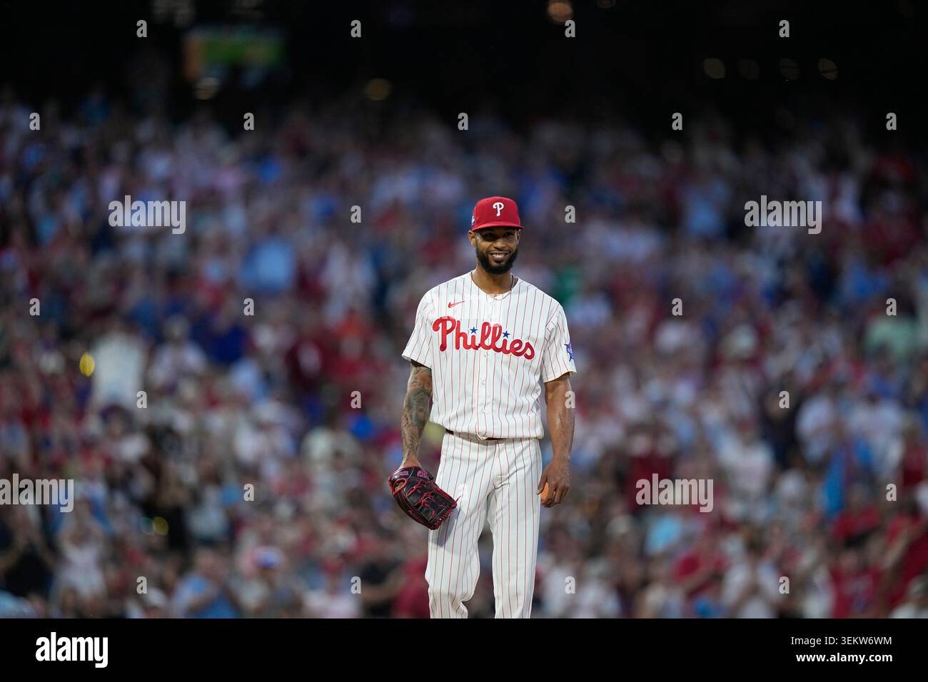 Philadelphia Phillies' Cristopher Sánchez reacts during a baseball game ...