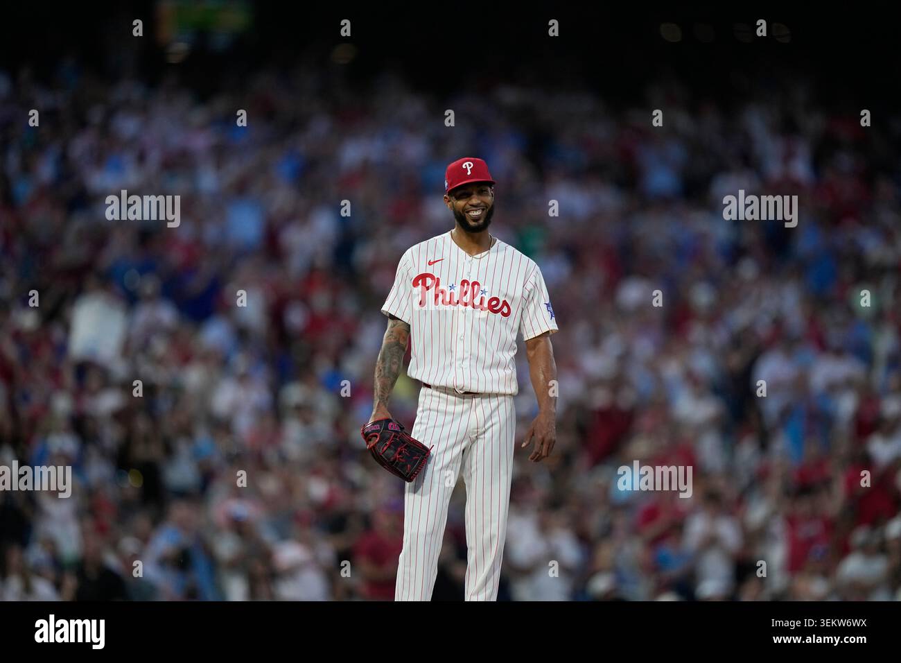 Philadelphia Phillies' Cristopher Sánchez reacts during a baseball game ...
