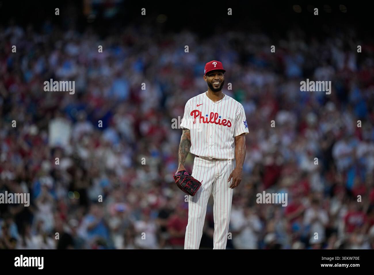 Philadelphia Phillies' Cristopher Sánchez reacts during a baseball game ...