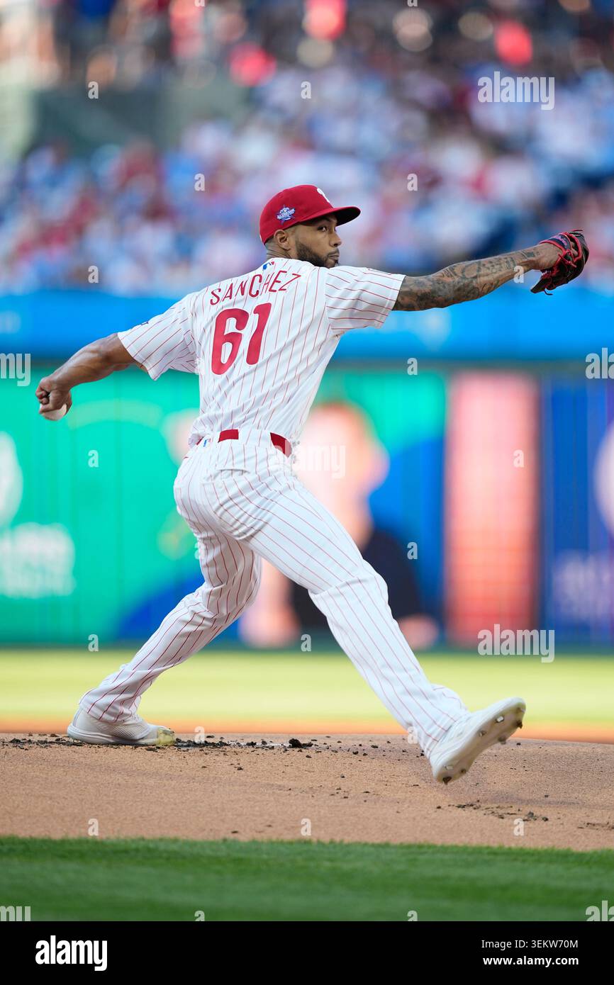 Philadelphia Phillies' Cristopher Sánchez plays during a baseball game ...