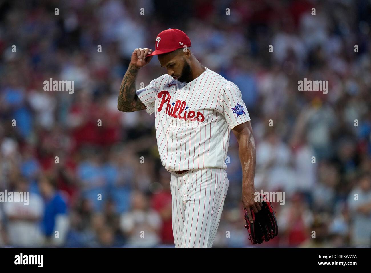 Philadelphia Phillies' Cristopher Sánchez reacts during a baseball game ...