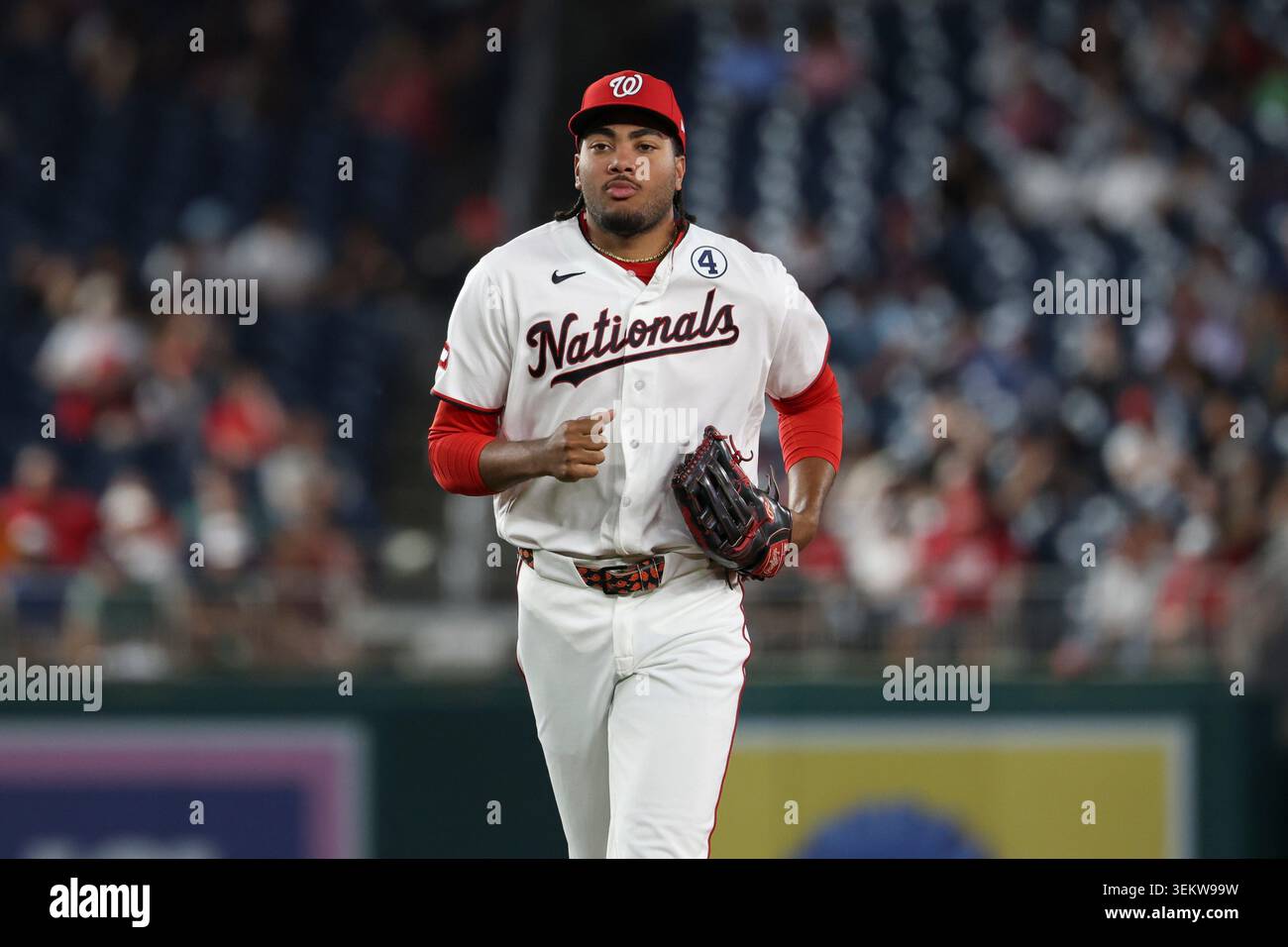 Washington Nationals' James Wood jogs off the field during a baseball ...