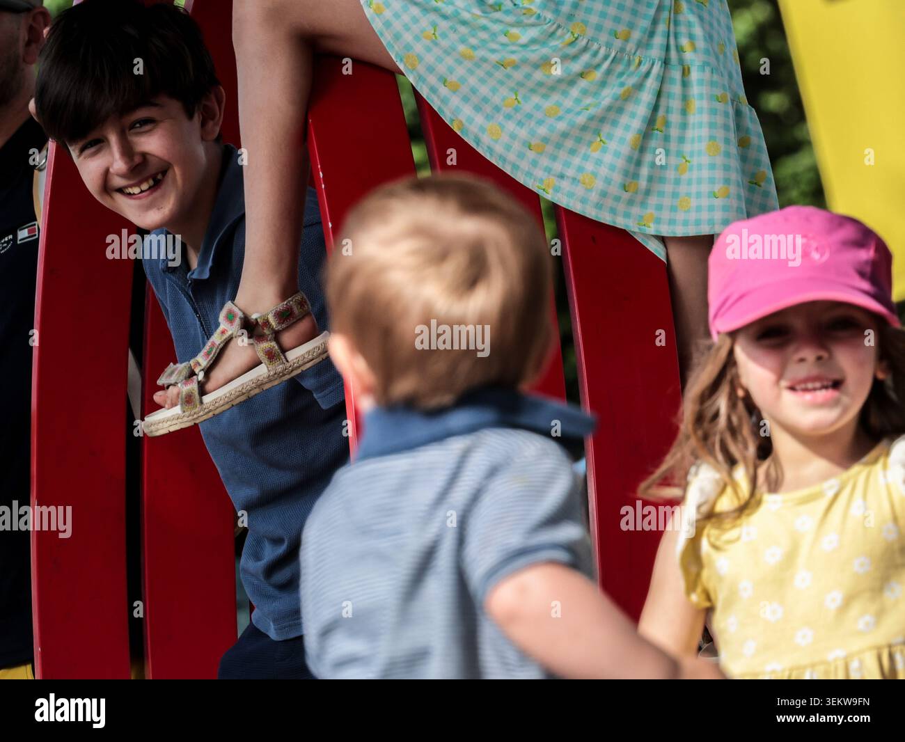 Children seen playing at river Thames boulevard in Southbank district ...