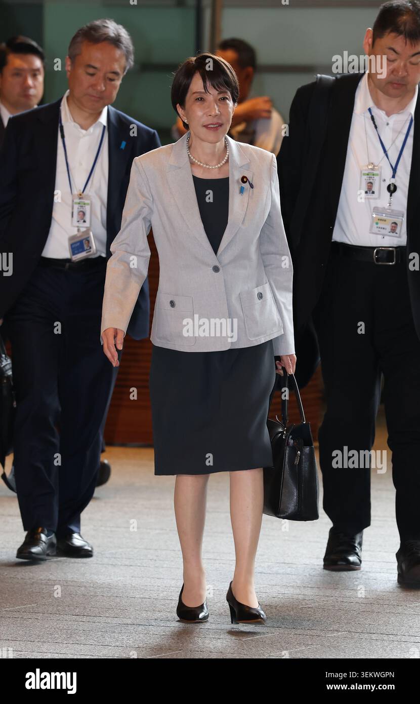 Japanese Prime Minister Sanae Takaichi arrives at her office in Tokyo ...