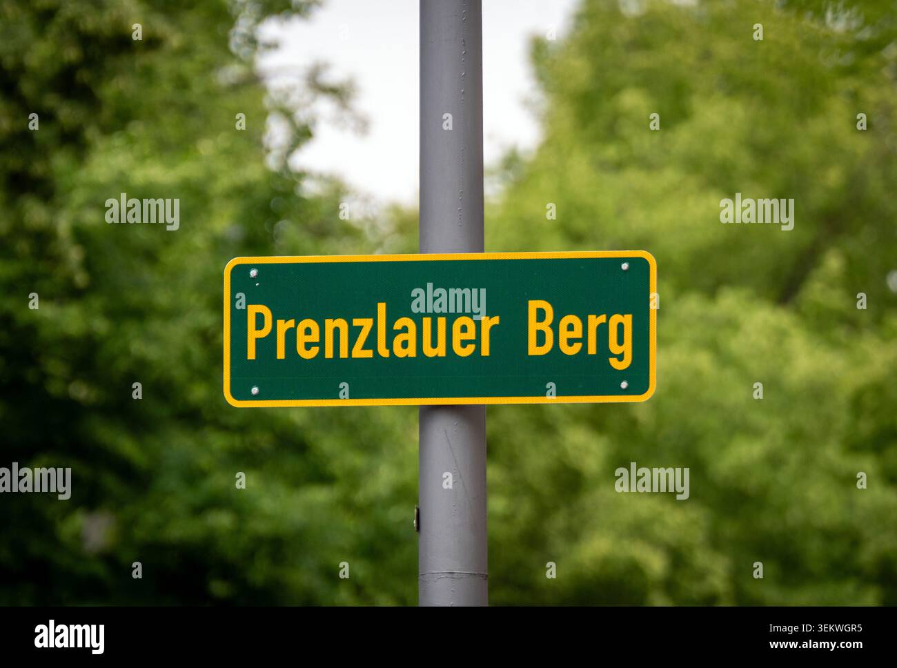 03 June 2026, Berlin: A "Prenzlauer Berg" sign hangs on a lamp post on ...