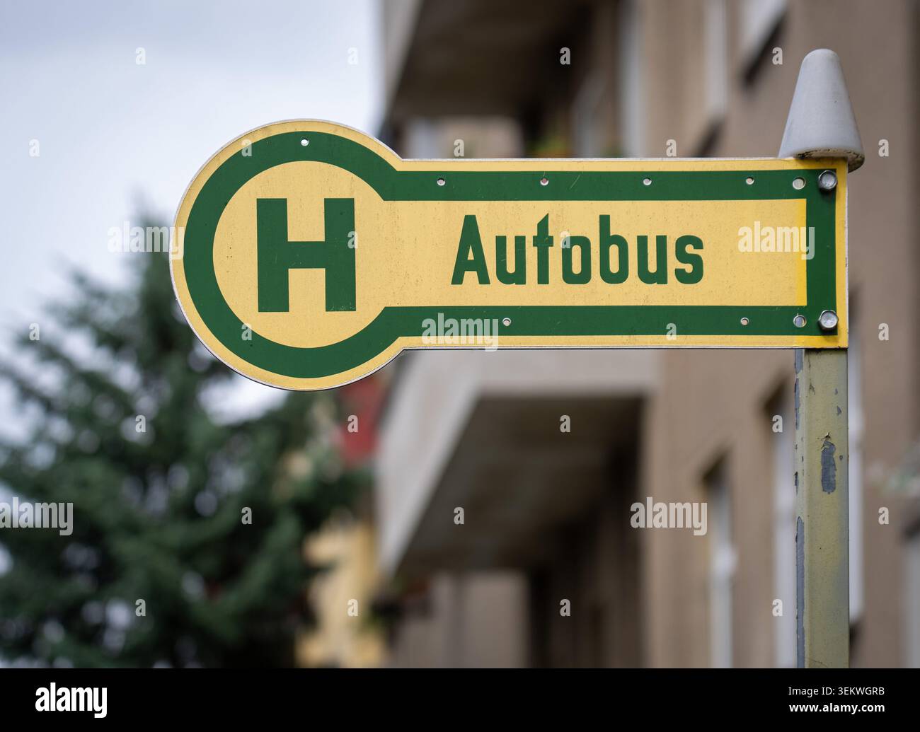 03 June 2026, Berlin: A historic-looking "Autobus" sign hangs on a pole ...