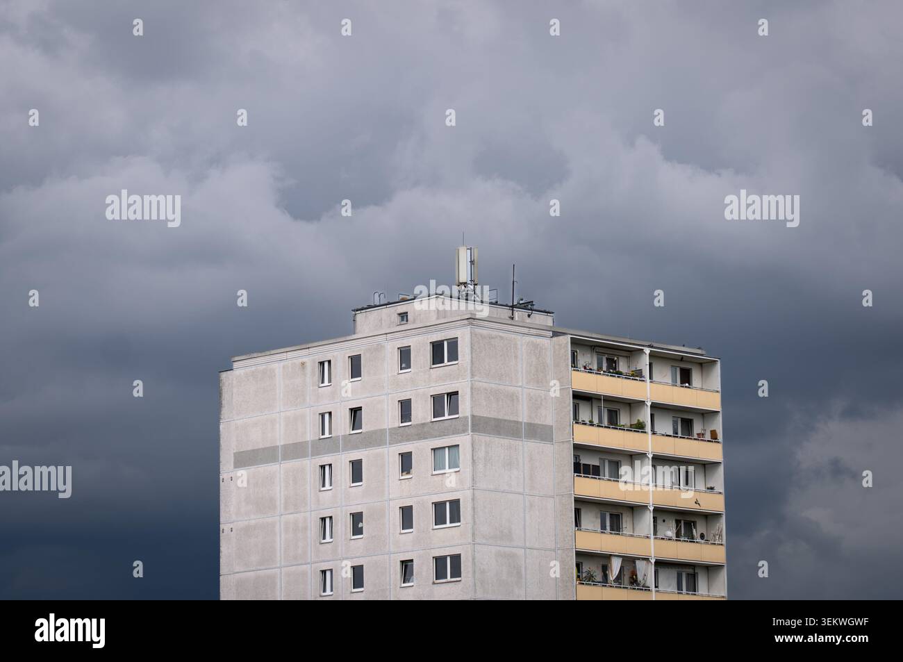 03 June 2026, Berlin: Dark clouds can be seen over a high-rise building ...