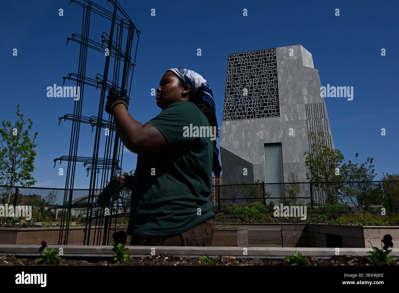 A worker tends to the garden at the Obama Presidential Center in ...