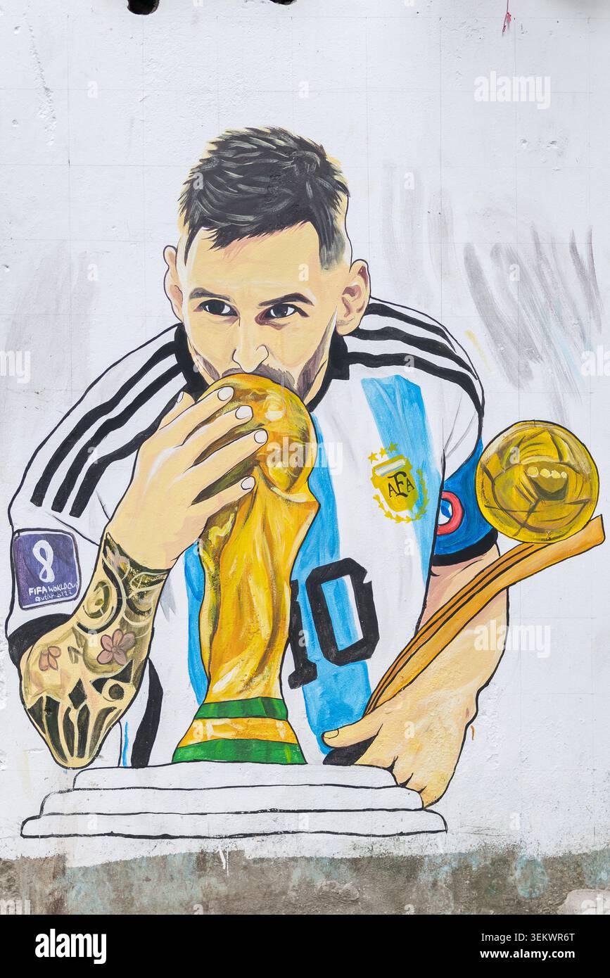 The graffiti of Argentine football star, Lionel Messi is painted on a ...