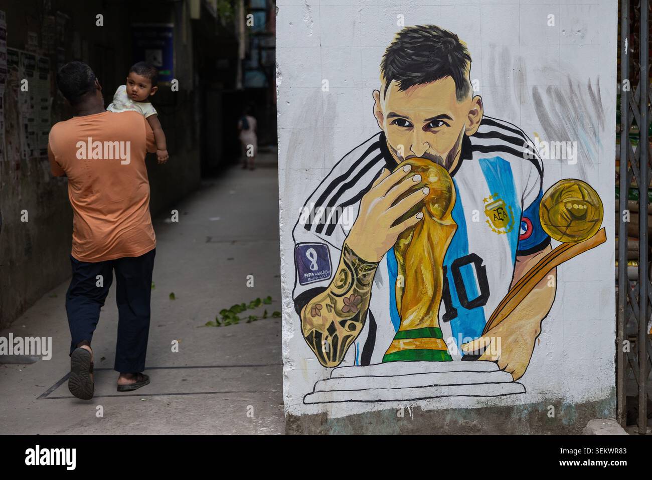 The graffiti of Argentine football star, Lionel Messi is painted on a ...