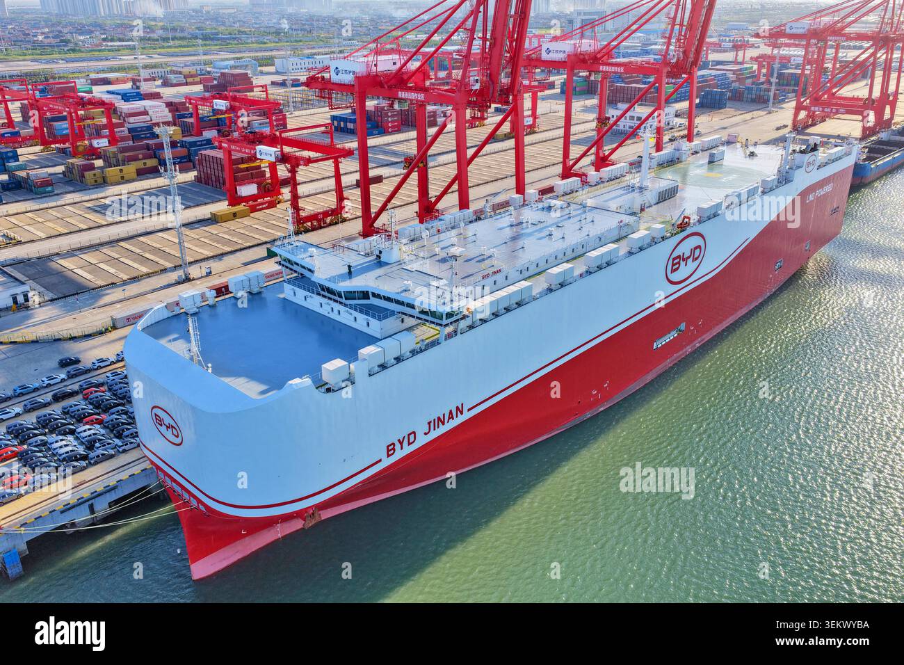 The BYD 'Jinan' ship loads new energy vehicles for export at Lusi Port ...