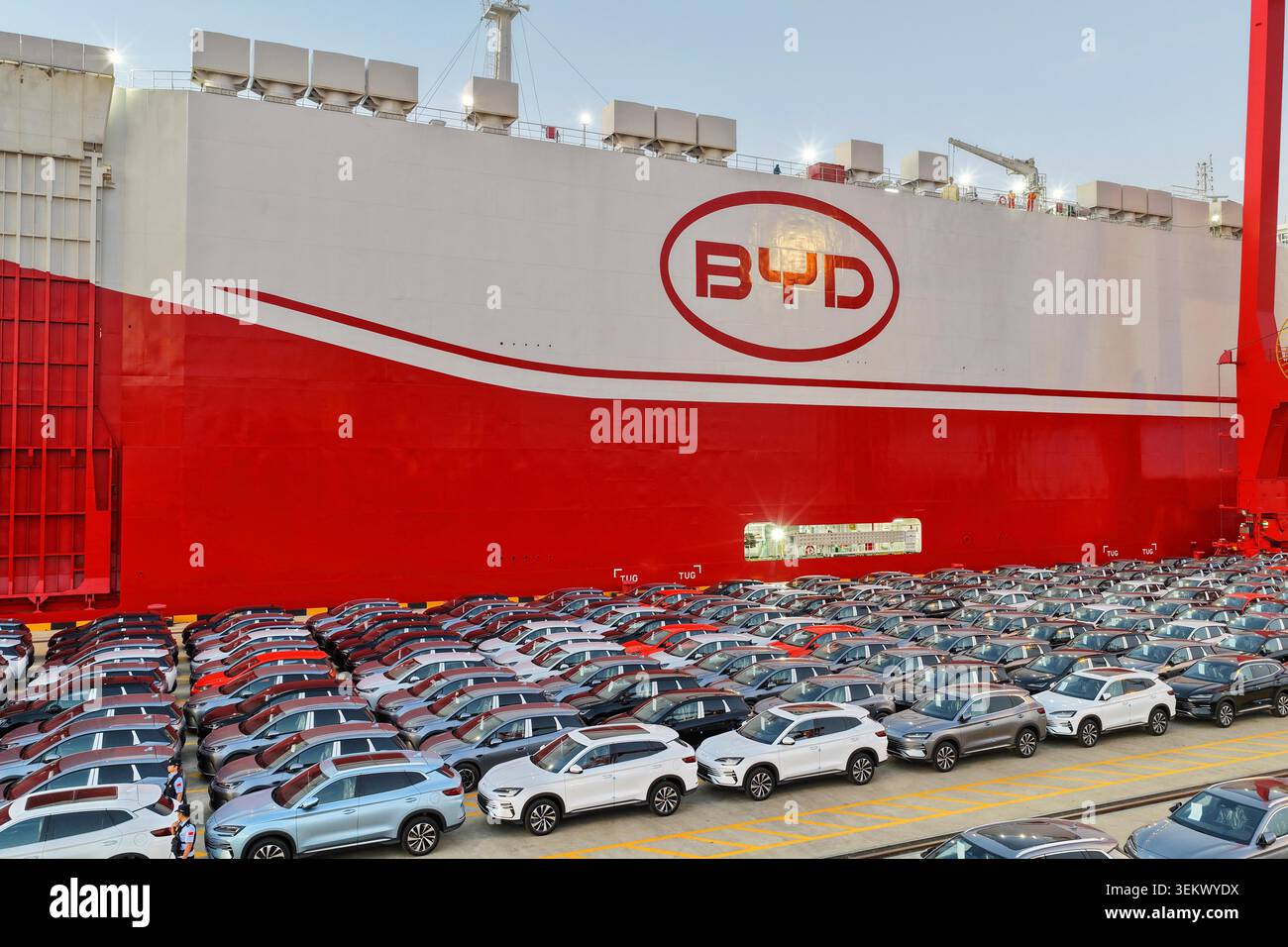 The BYD 'Jinan' ship loads new energy vehicles for export at Lusi Port ...