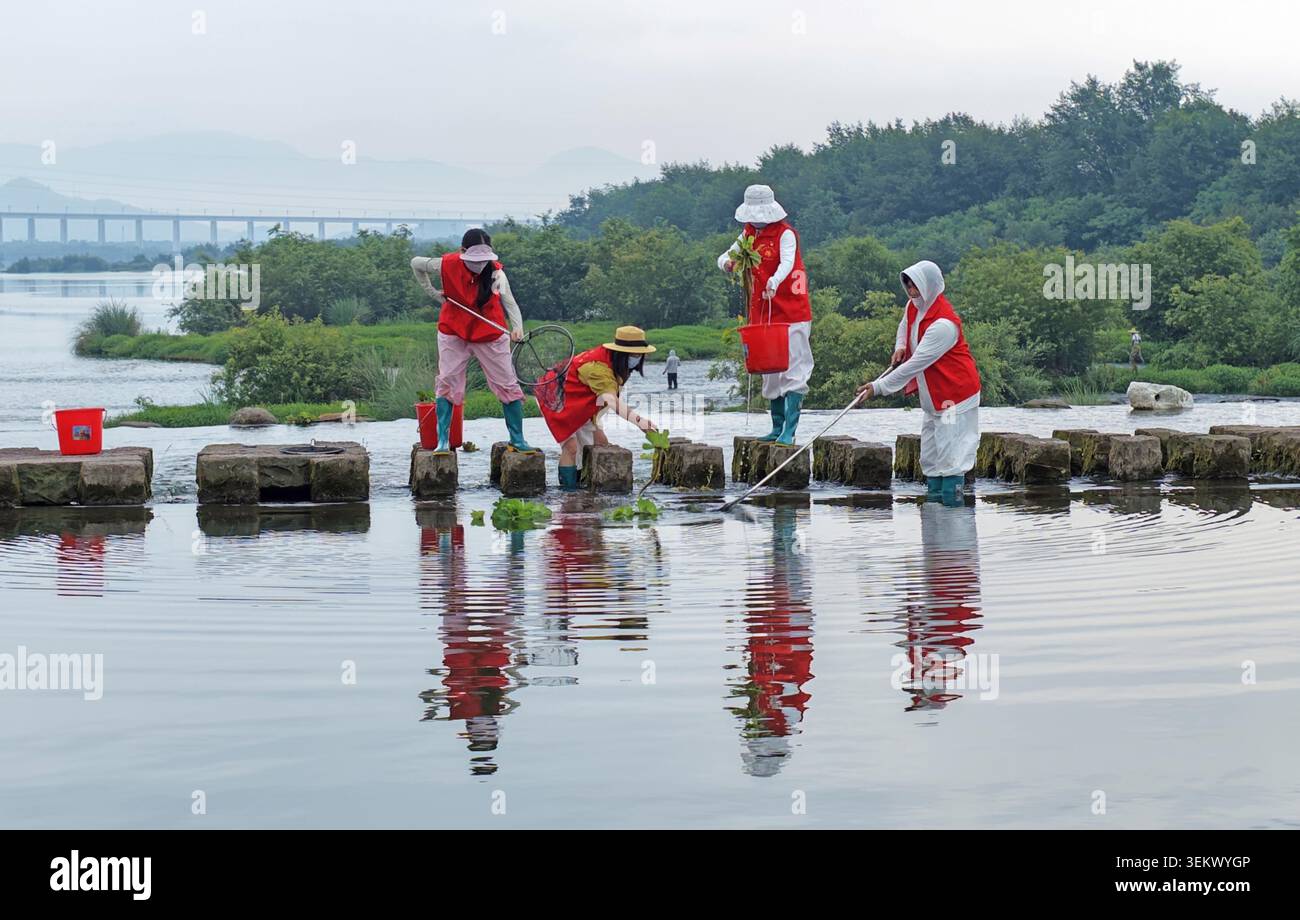 Party members and volunteers clean the Yong'an River in Xiandu County ...