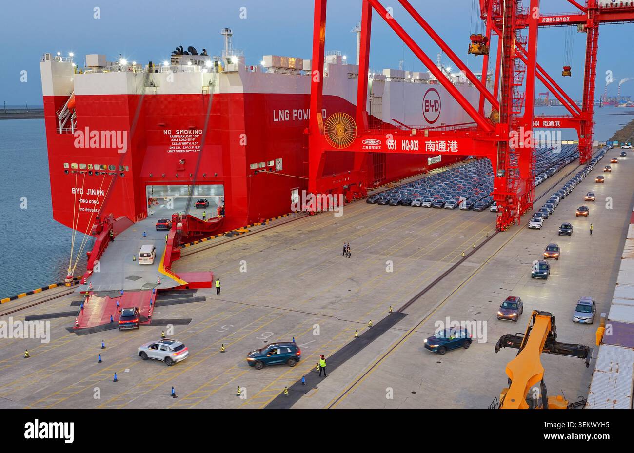 The BYD 'Jinan' ship loads new energy vehicles for export at Lusi Port ...