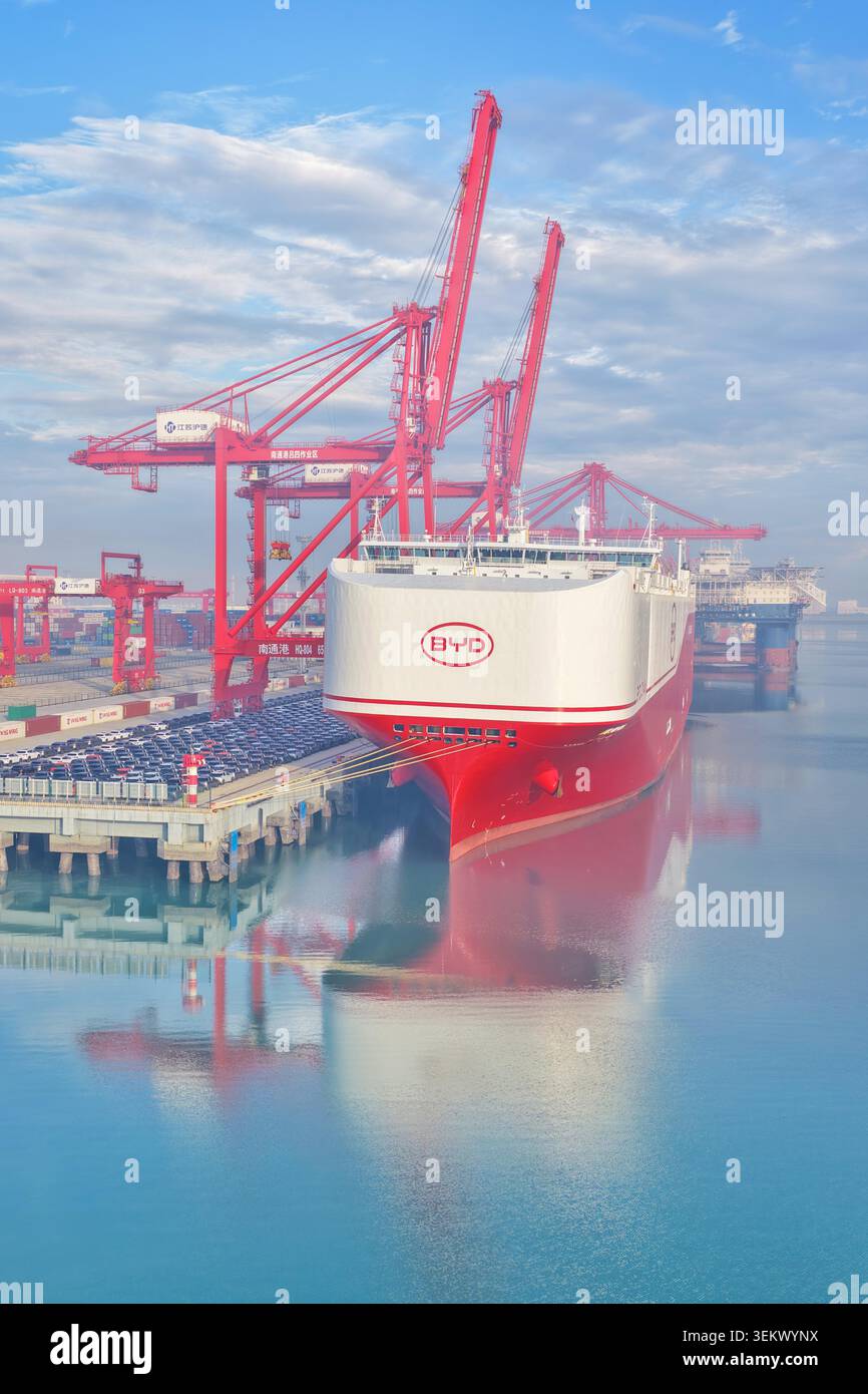 The BYD 'Jinan' ship loads new energy vehicles for export at Lusi Port ...