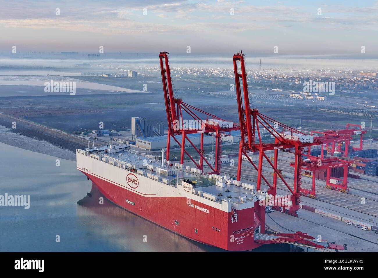 The BYD 'Jinan' ship loads new energy vehicles for export at Lusi Port ...
