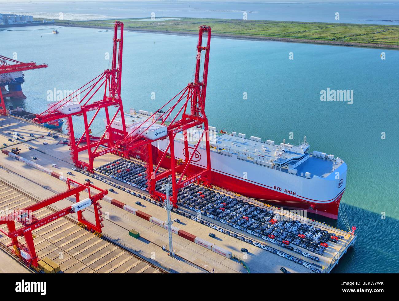 The BYD 'Jinan' ship loads new energy vehicles for export at Lusi Port ...