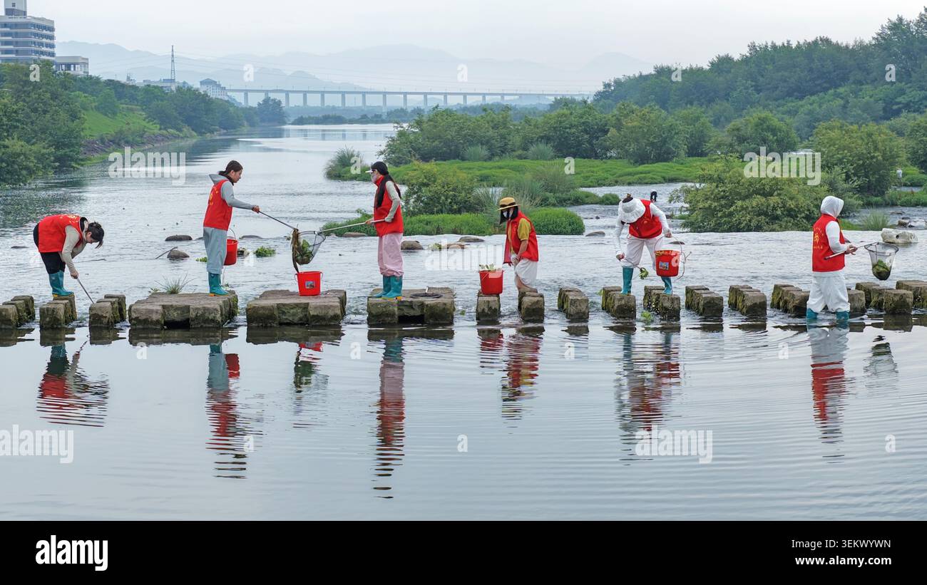 Party members and volunteers clean the Yong'an River in Xiandu County ...