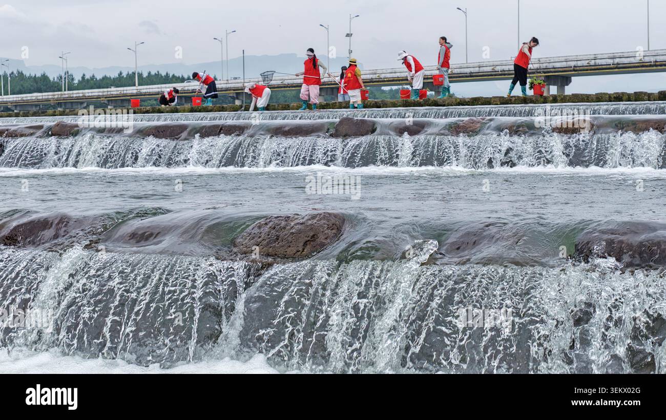 Party members and volunteers clean the Yong'an River in Xiandu County ...