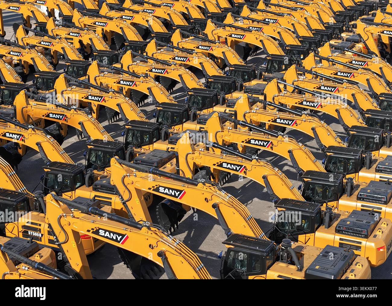 Excavators from Sany Group await export at a storage yard in Yantai ...