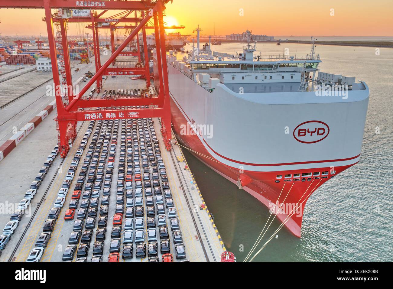 The BYD 'Jinan' ship loads new energy vehicles for export at Lusi Port ...