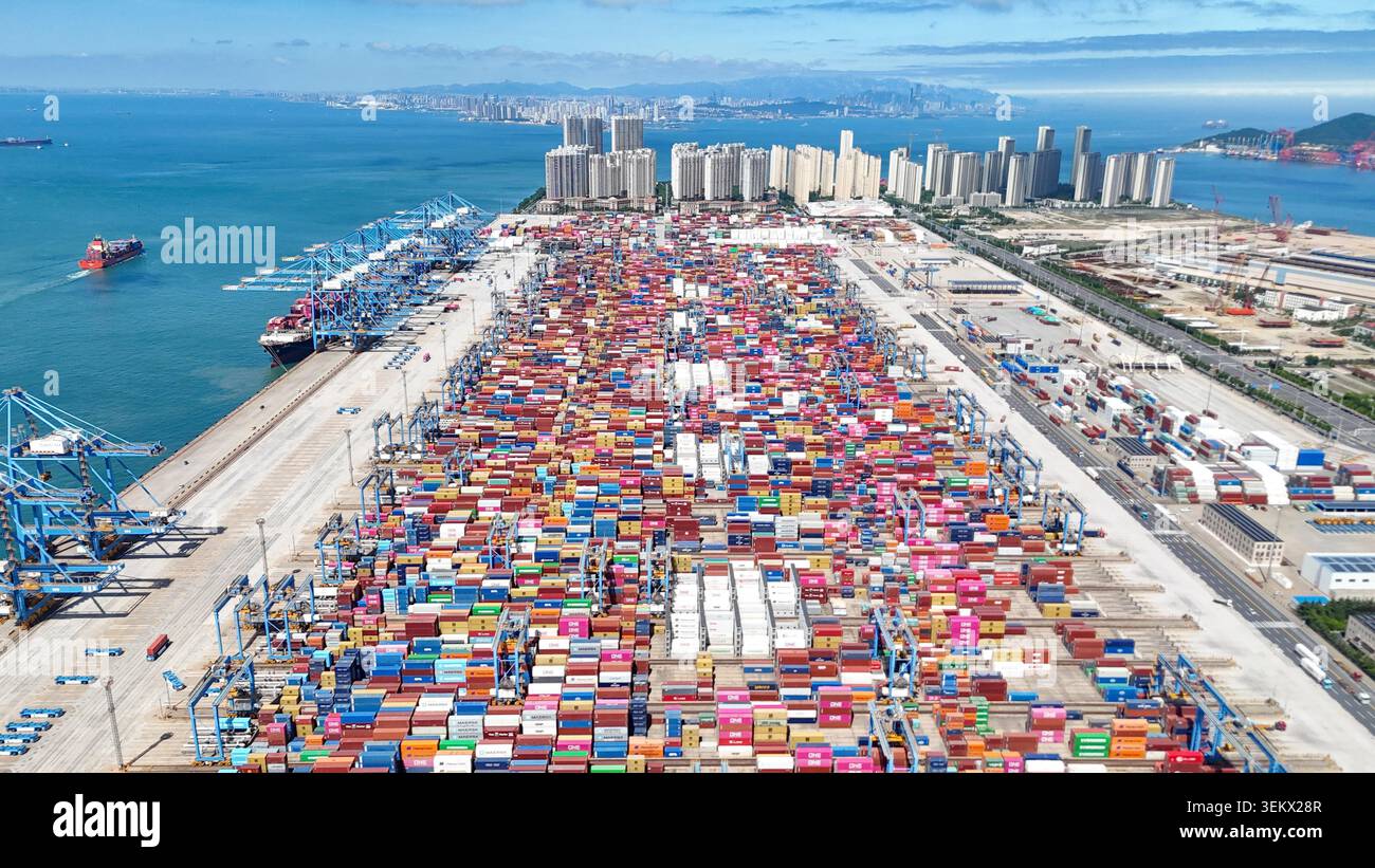 Containers are seen at the automated terminal of Shandong Port Qingdao ...